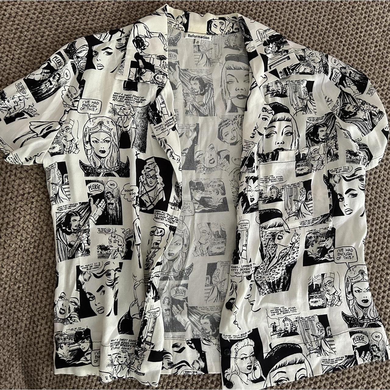 reformation button up graphic blouse/tee worn ~1... - Depop