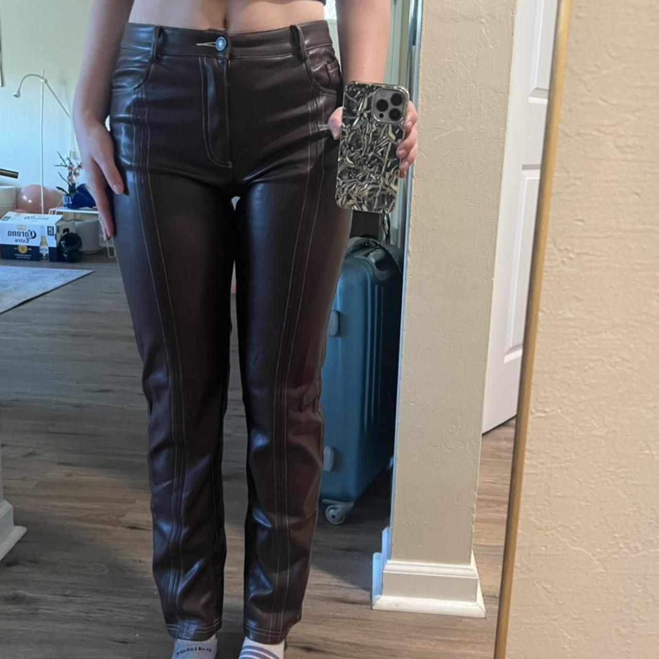 Motel Rocks Brown Leather Pants w/white stitching... - Depop