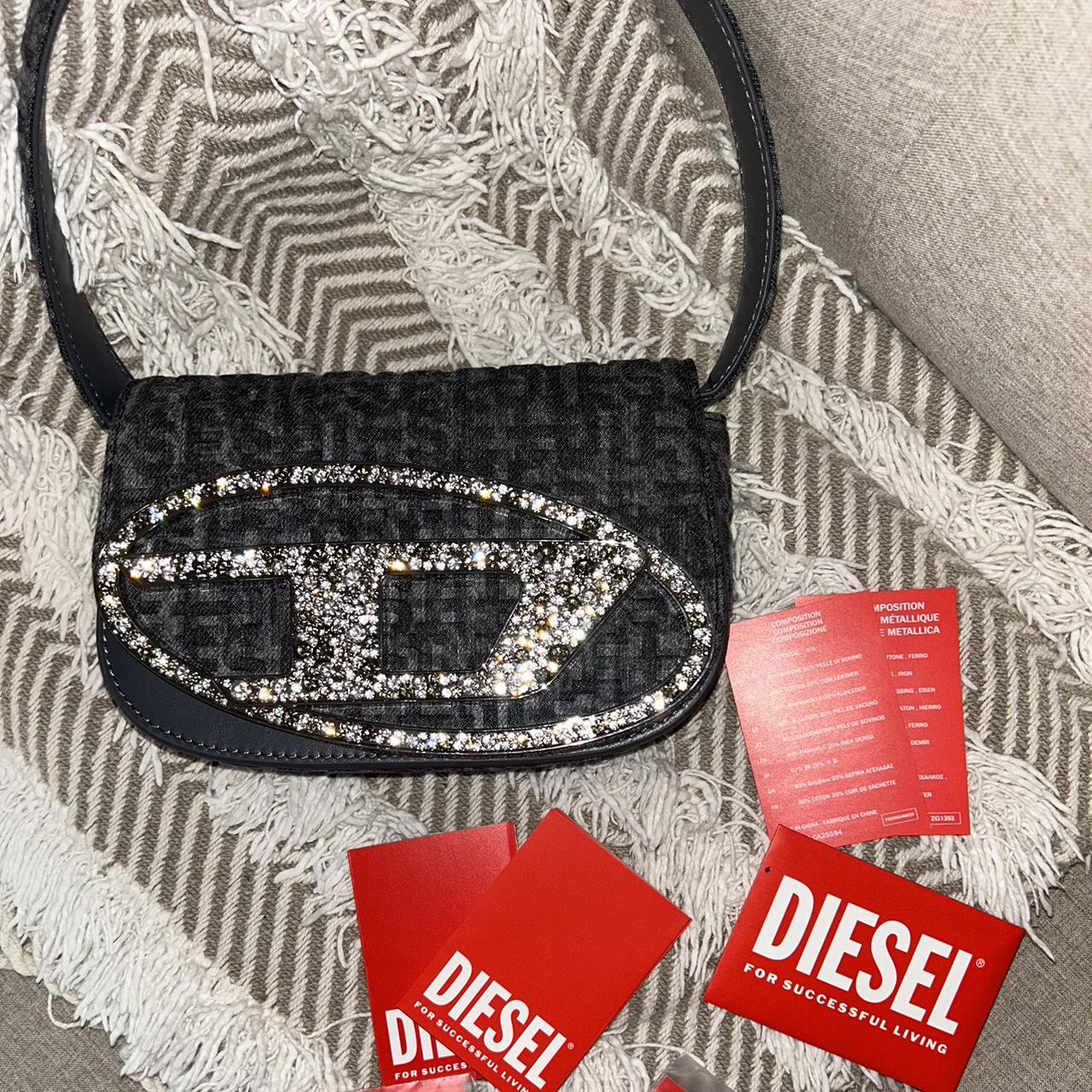 denim and swarovski crystal diesel bag worn three... - Depop