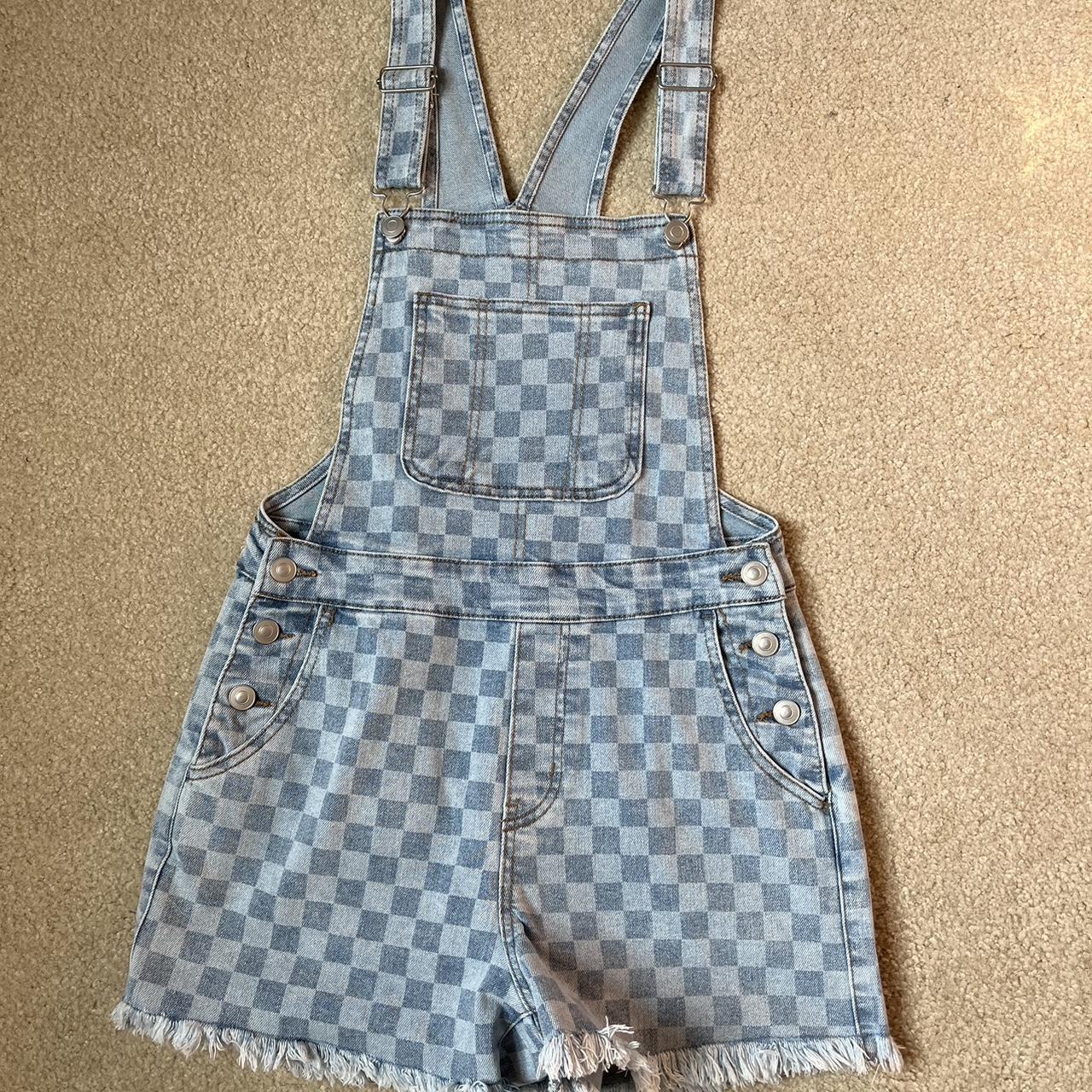 blue denim checkered shirt overalls size xs ... - Depop