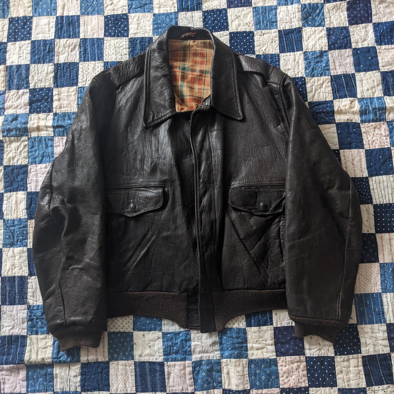 Vintage 40s Plaid Lined Leather Bomber Jacket Late... | Depop