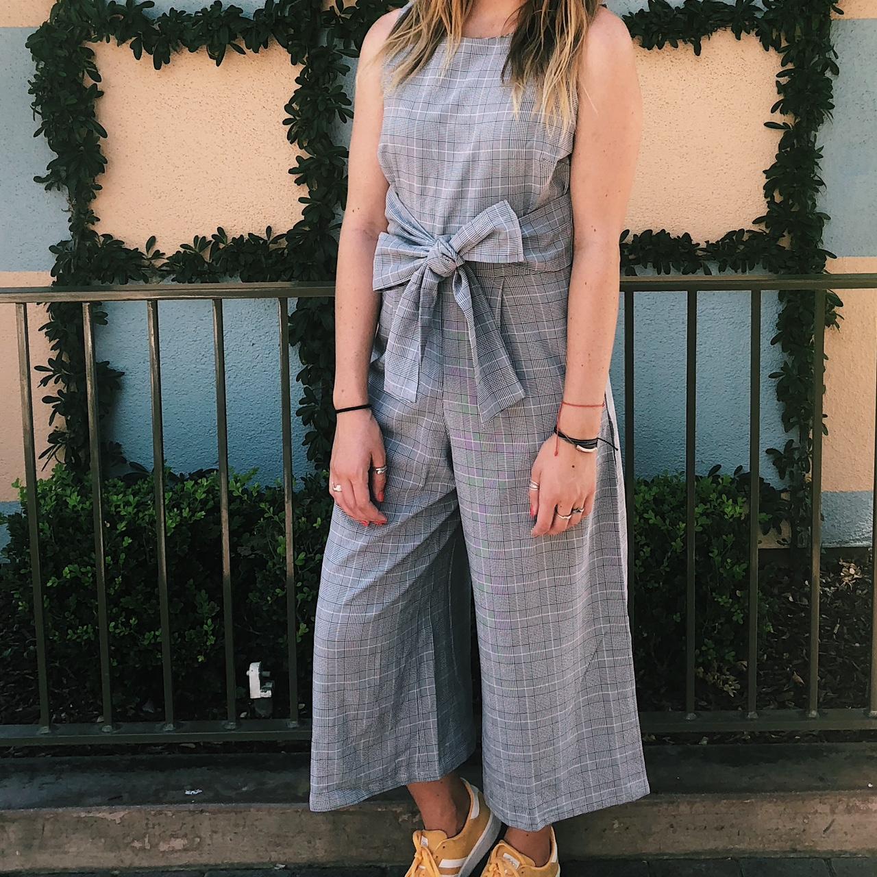 boutique grey/black/white jumpsuit zipper back,... - Depop