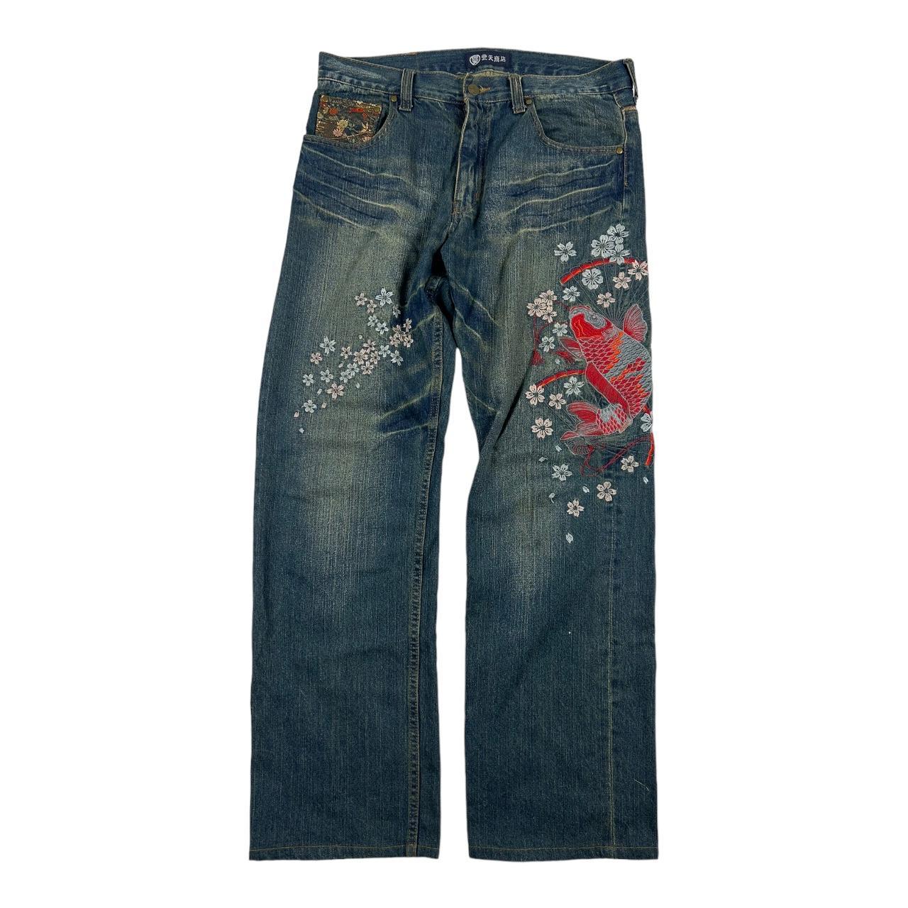 baggy embroidered japanese denim jeans koi... - Depop