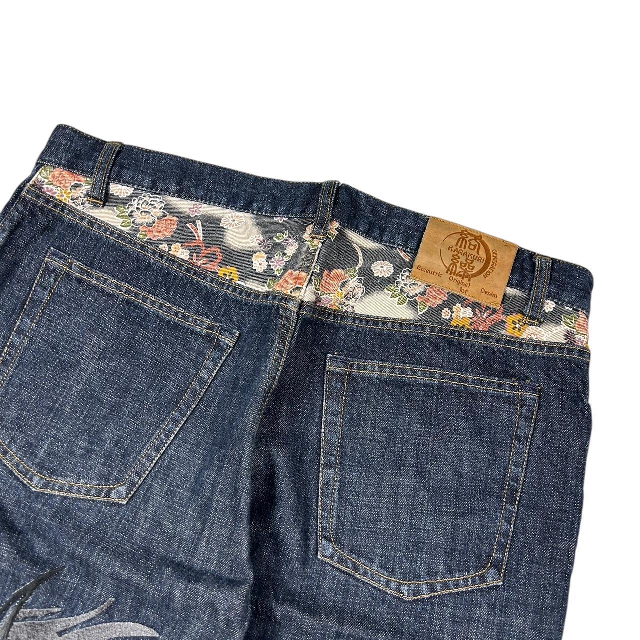 baggy karakuri japanese embroidered dragon navy... | Depop