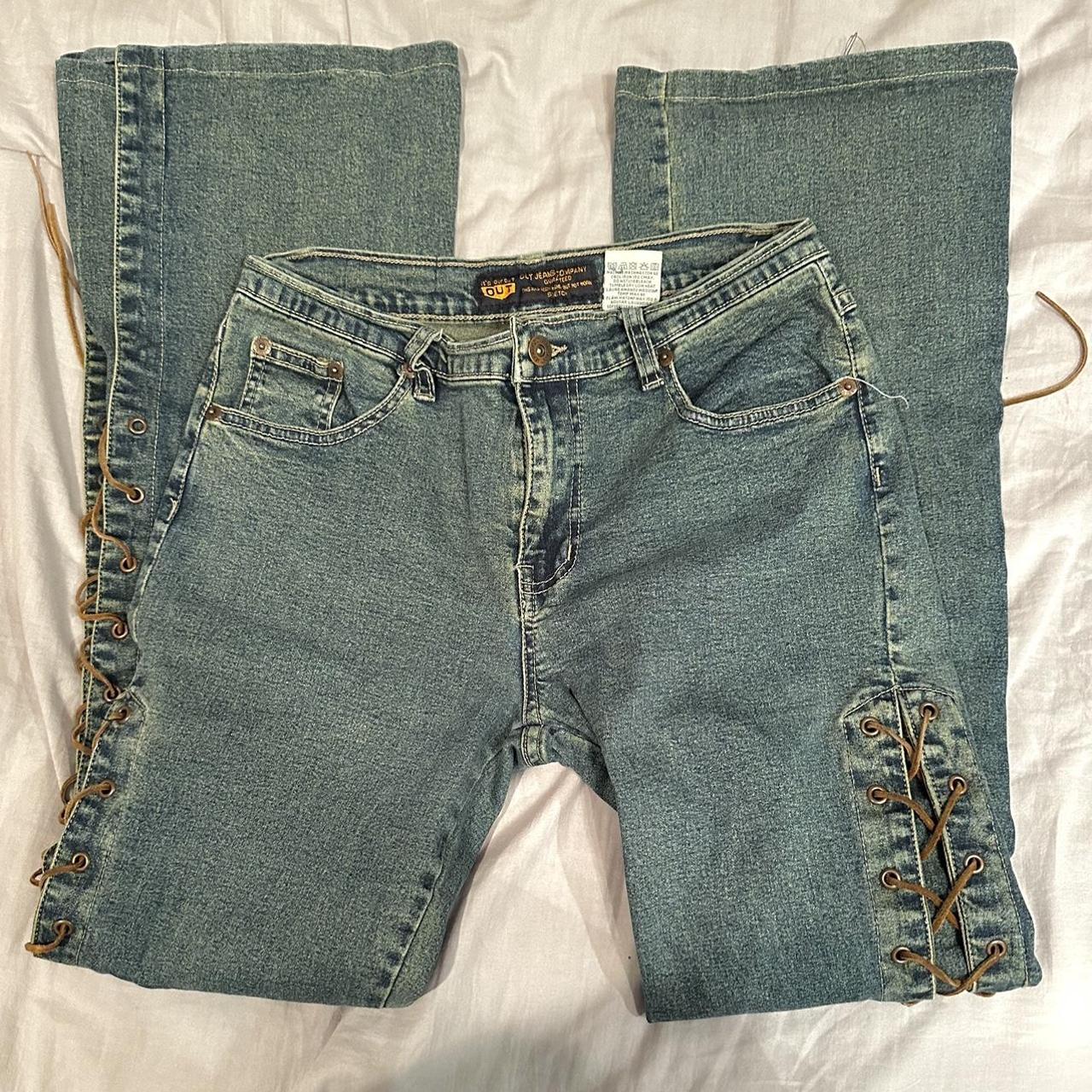 lace up low rise flare jeans size- 7/8 brand- out... - Depop