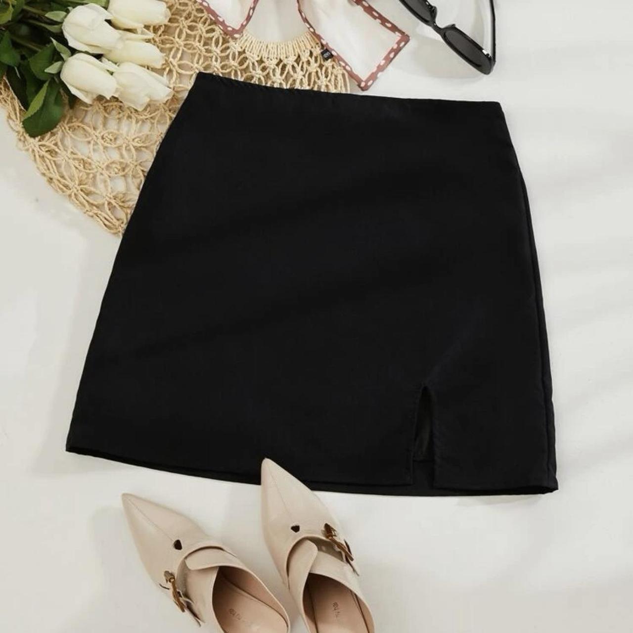 basic black mini skirt small slit on side zipper on... - Depop