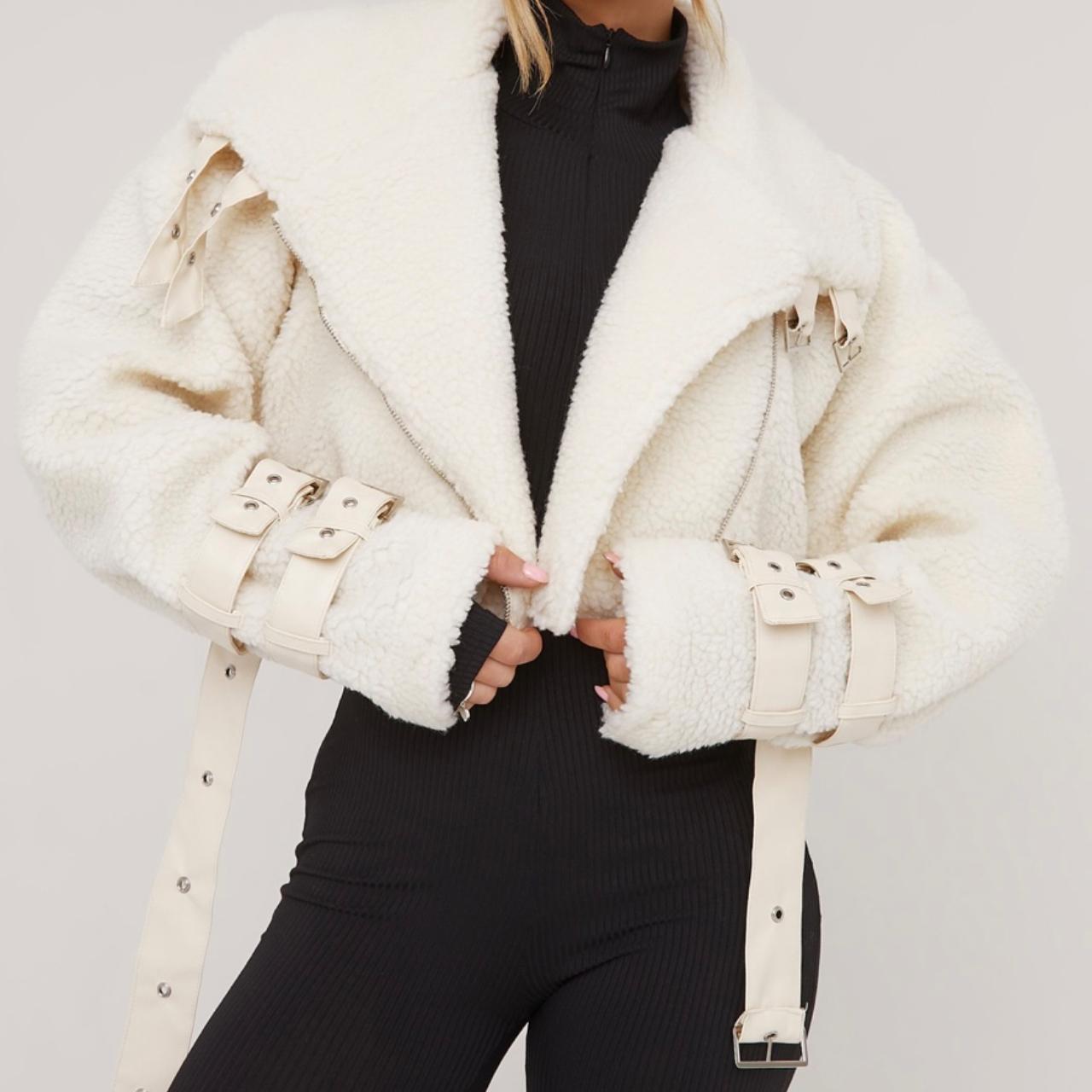 MULTI BUCKLE STRAP DETAIL AVIATOR JACKET IN CREAM... - Depop