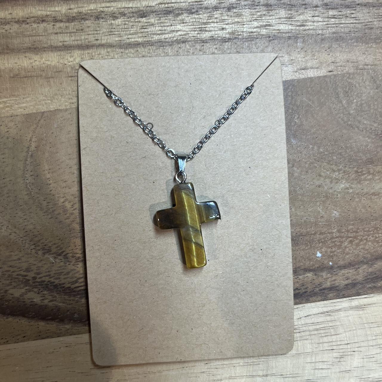 stainless steel tigers eye cross necklace pendant... - Depop