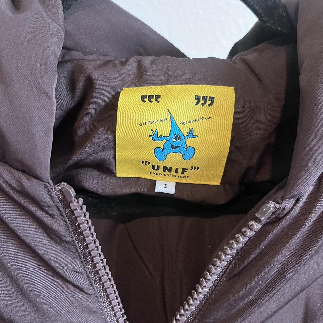 UNIF brown ruched puffer -worn a couple of... - Depop