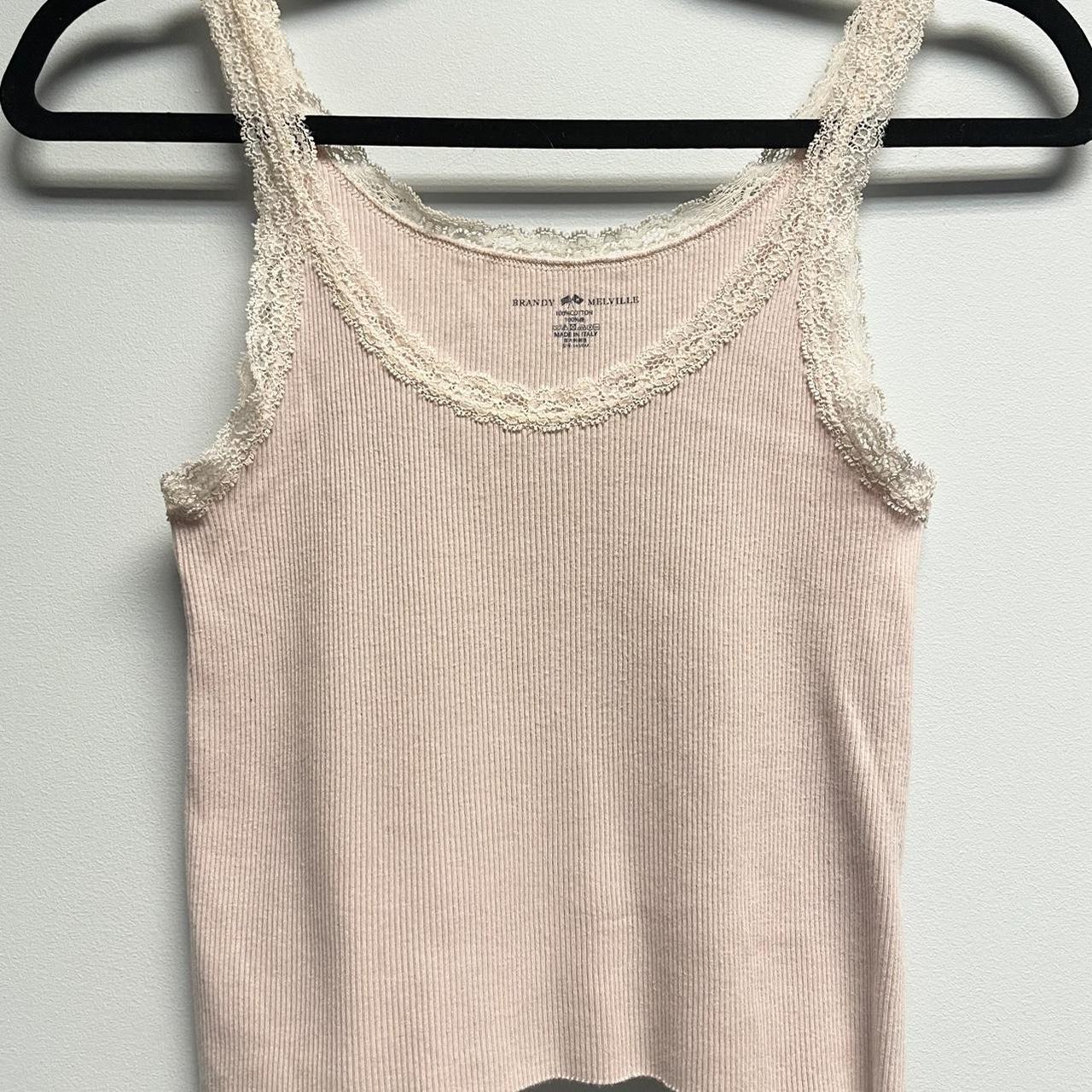 Brandy Melville pink ribbed tank top with cream Lace... - Depop