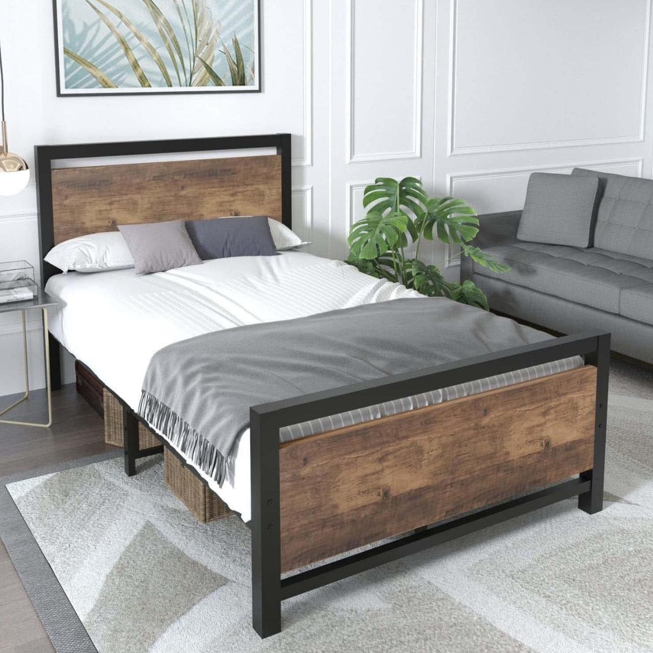 Rustic wood sleigh bed frame with metal frame and... | Depop