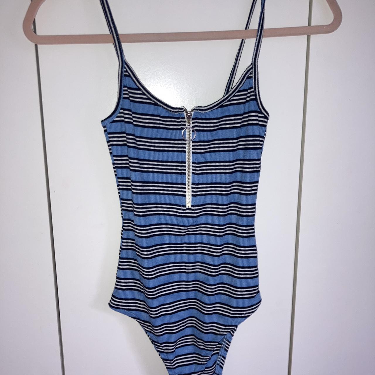 Primark blue stripy zip up bodysuit - Depop