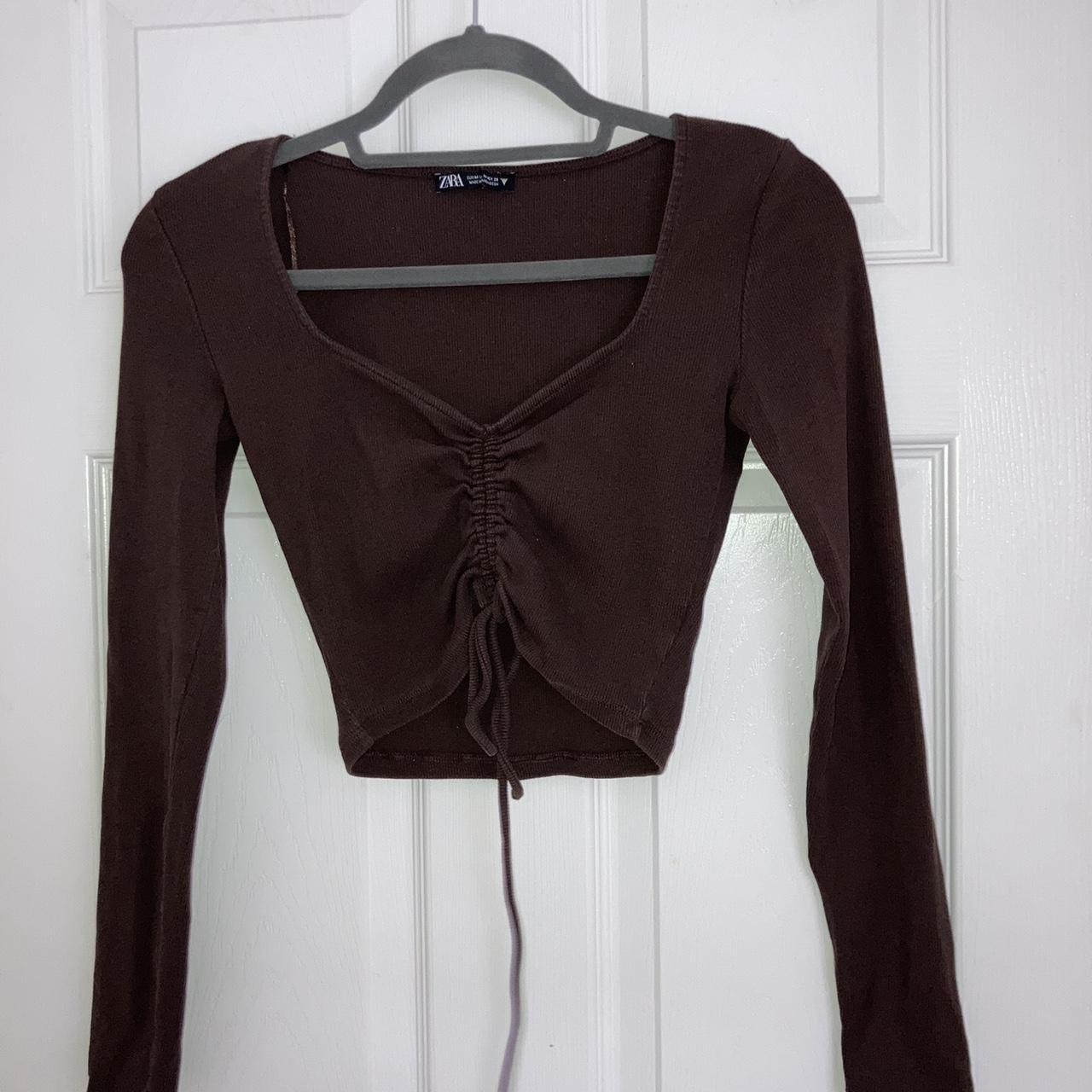 Zara brown long sleeve ruched front crop top - Depop