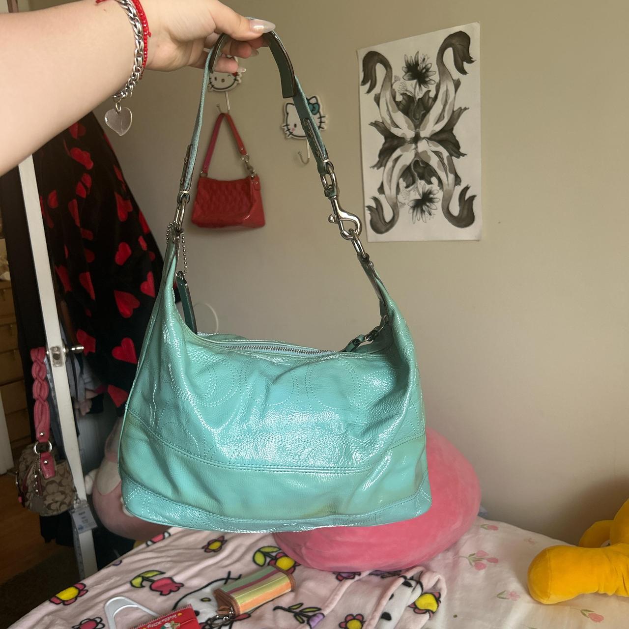 Coach Turquoise blue leather shoulder bag with a... | Depop