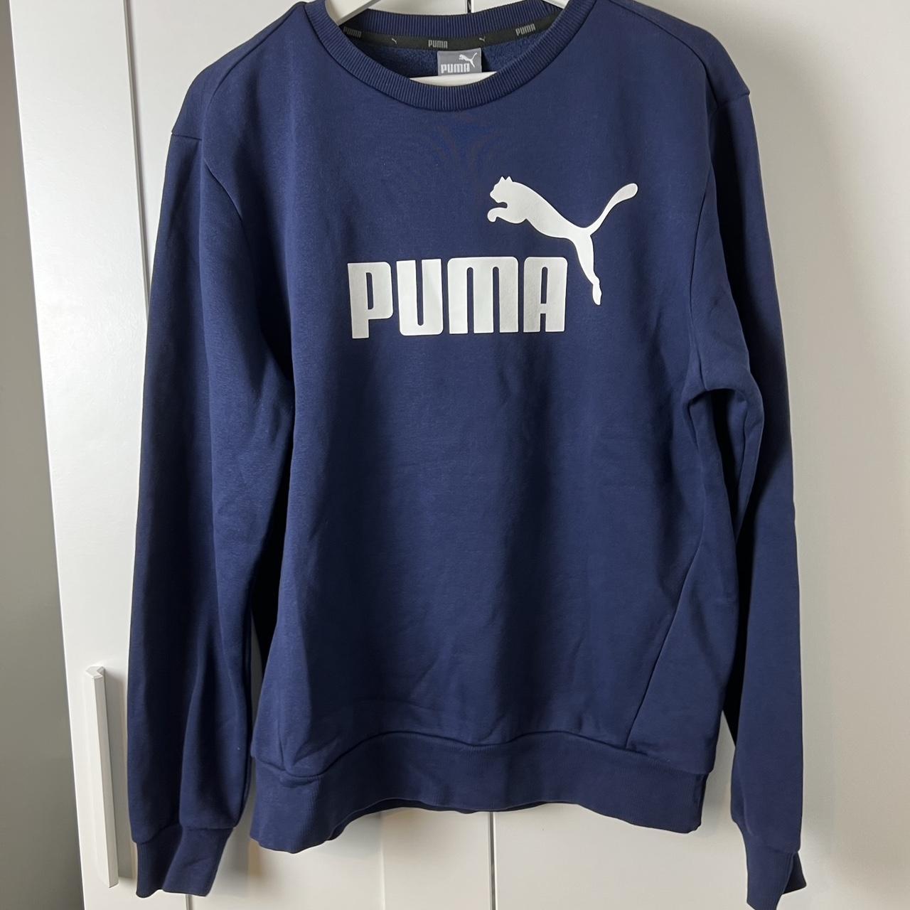 Puma crew neck sweatshirt Navy spell out logo Size... - Depop