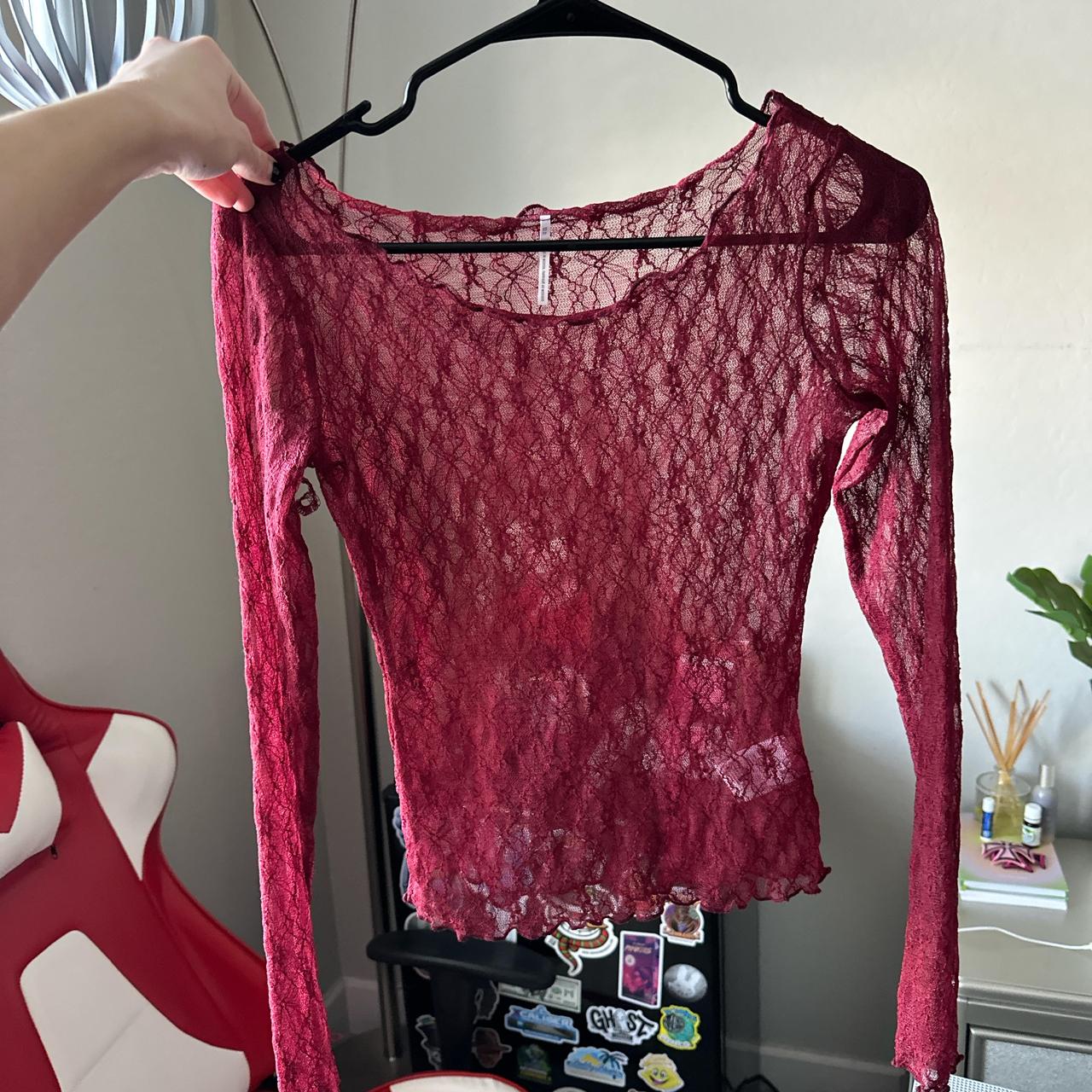 red sheer lace long sleeve top never worn - Depop