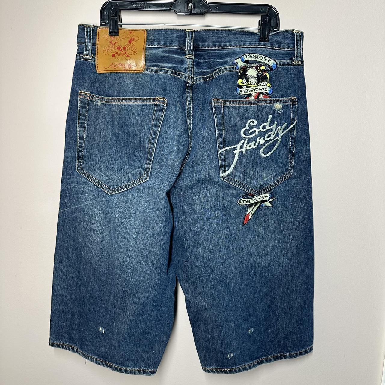 Ed Hardy Men's Blue and Navy Shorts | Depop
