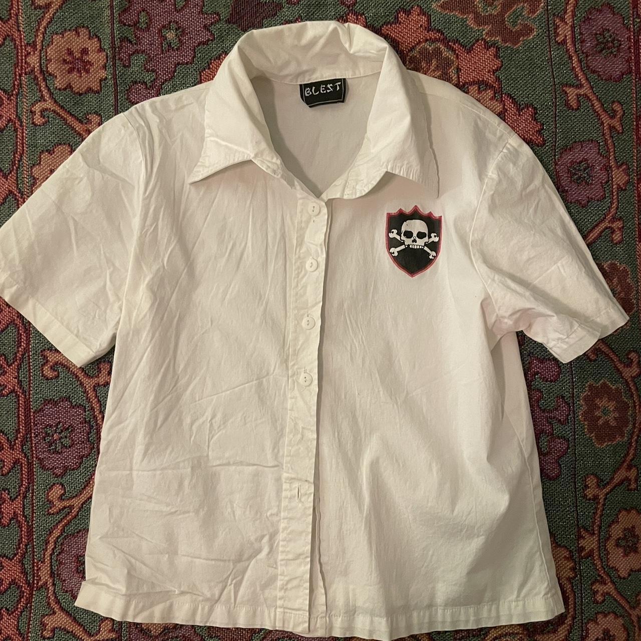 cute white skull button up top! - Depop