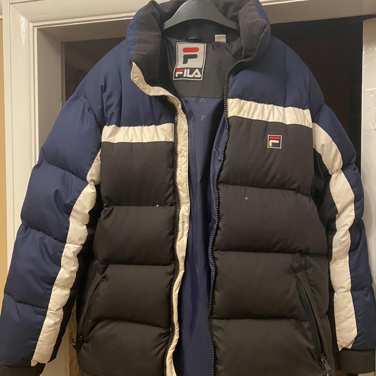 Fila Men’s Medium Puffer Coat in Blue, Black and... - Depop