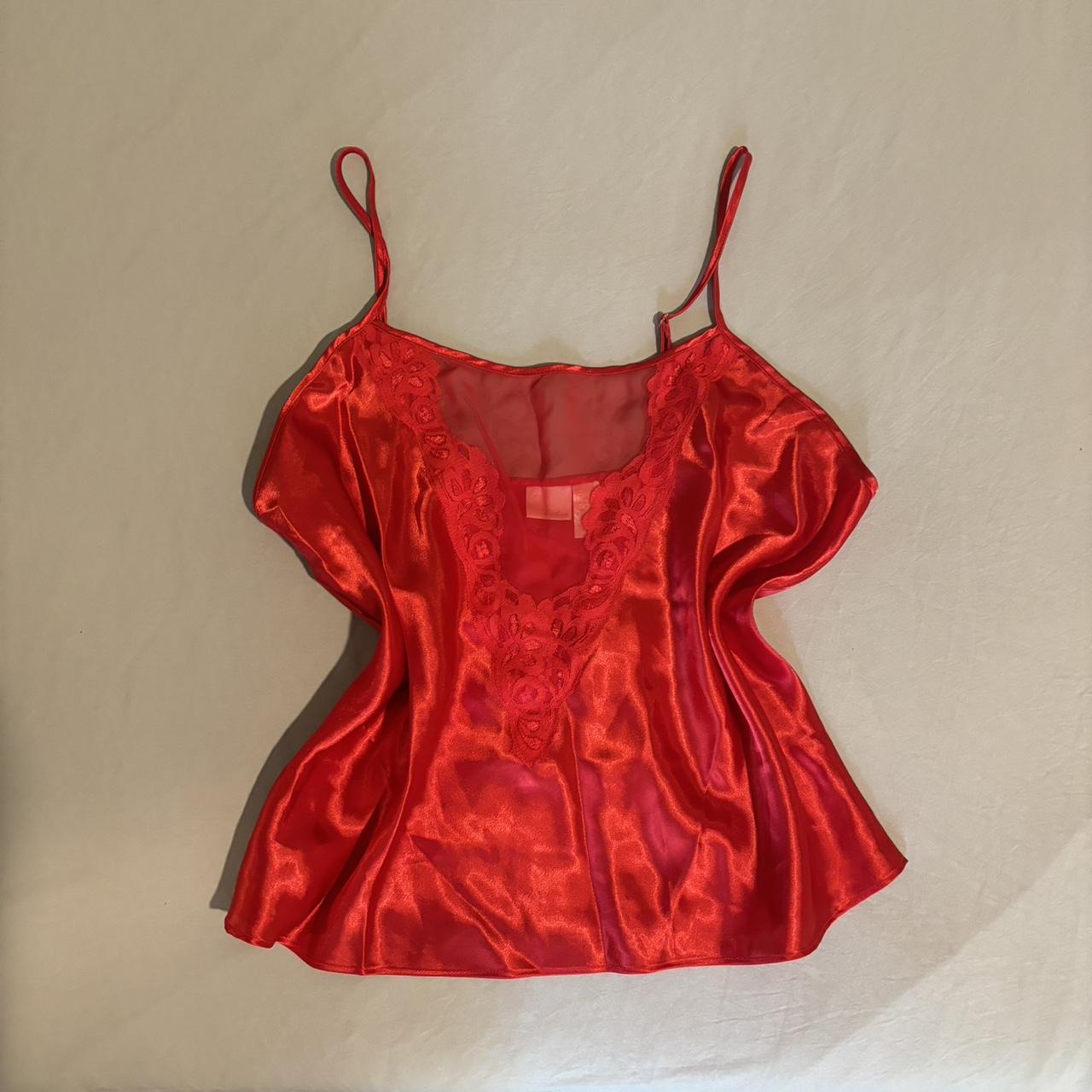 -Sexy and vibrant silky red cami with lace detailing... | Depop