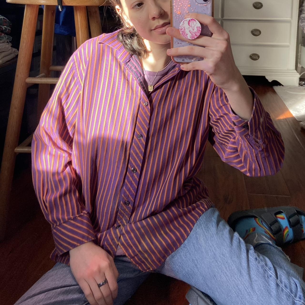 00s y2k purple and orange striped button up shirt... - Depop