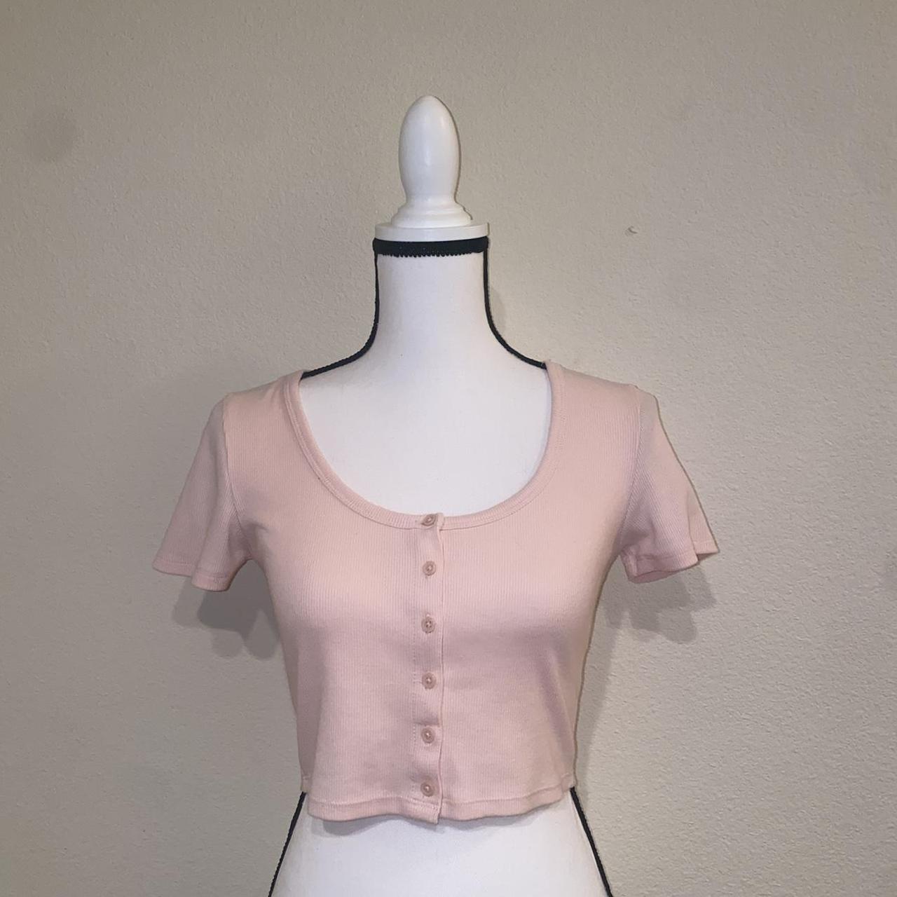 button down cropped pastel pink short sleeve cardigan - Depop