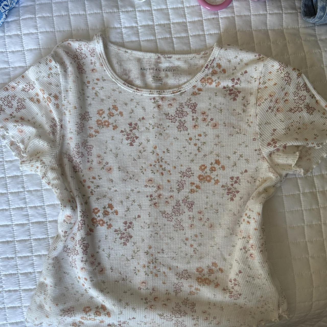 white brown pink floral American Eagle baby tee top... | Depop