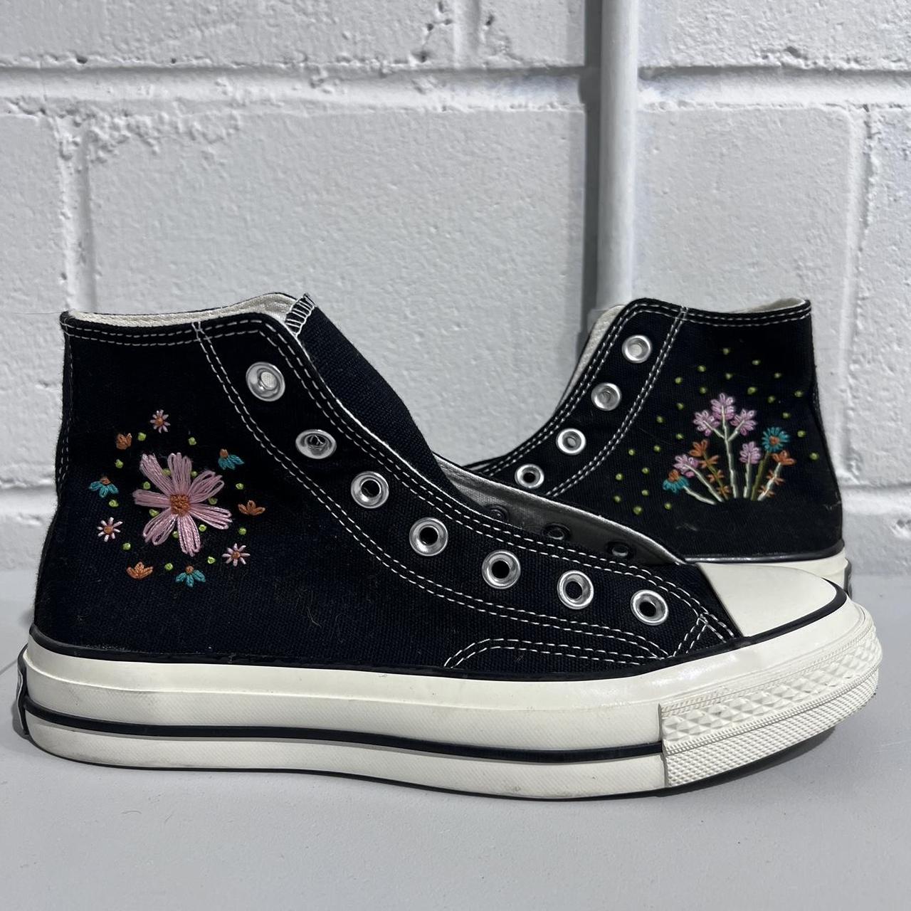 Hand floral embroidered black converse hi tops... - Depop