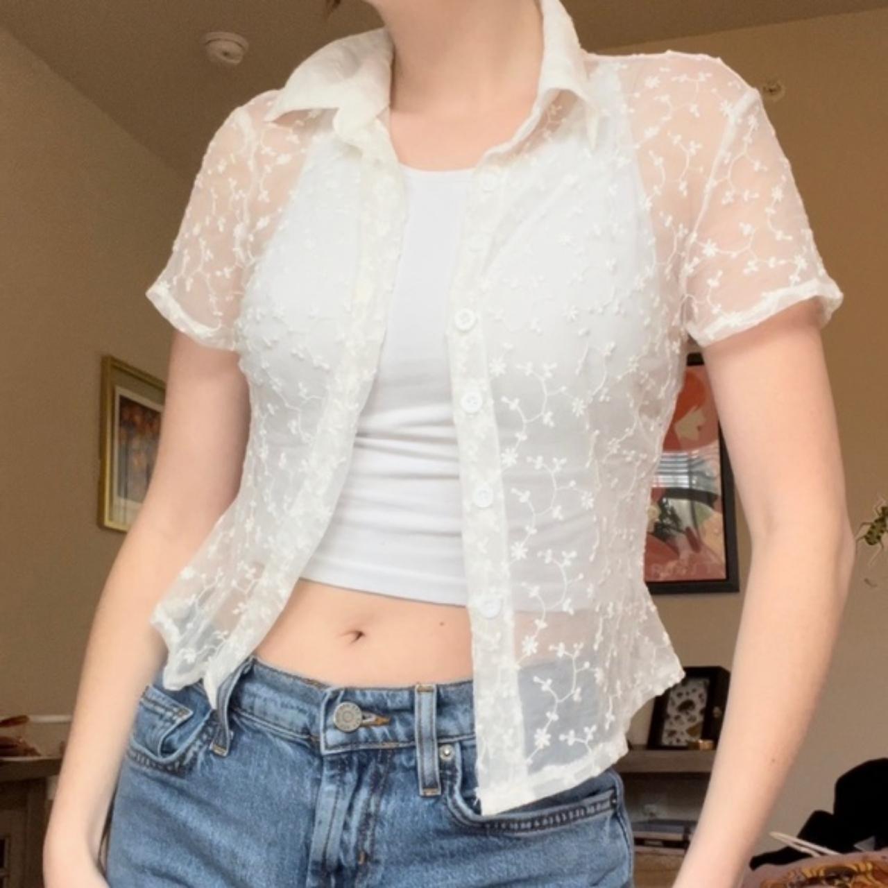 Transparent Flower Button Down - Size S - adorable... - Depop