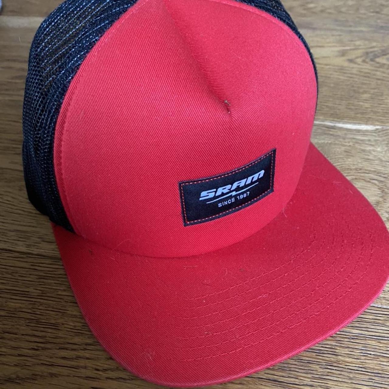 Sram half mesh snap back cap. Red and black. Used... - Depop