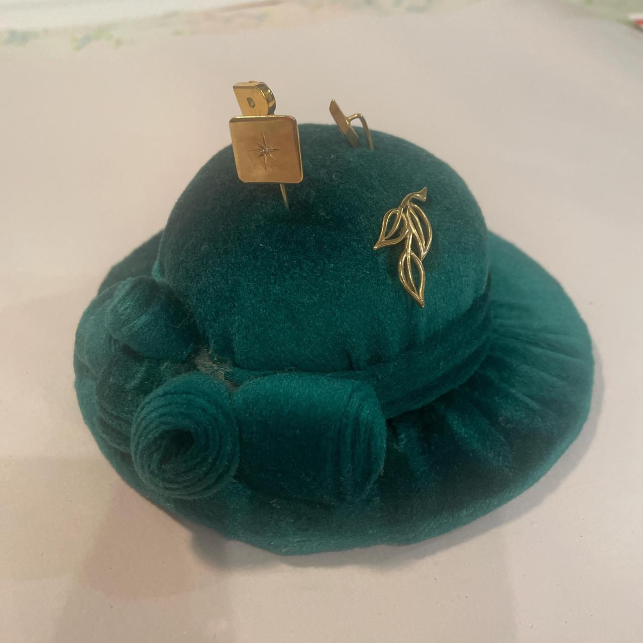 Green velvet hat with gold pin brooch and flower... - Depop