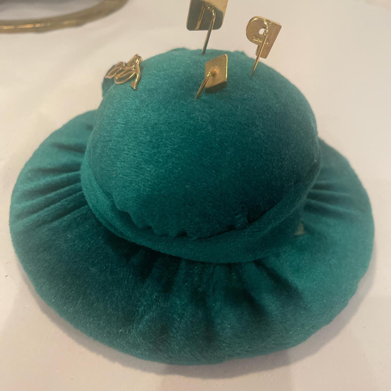 Green velvet hat with gold pin brooch and flower... - Depop