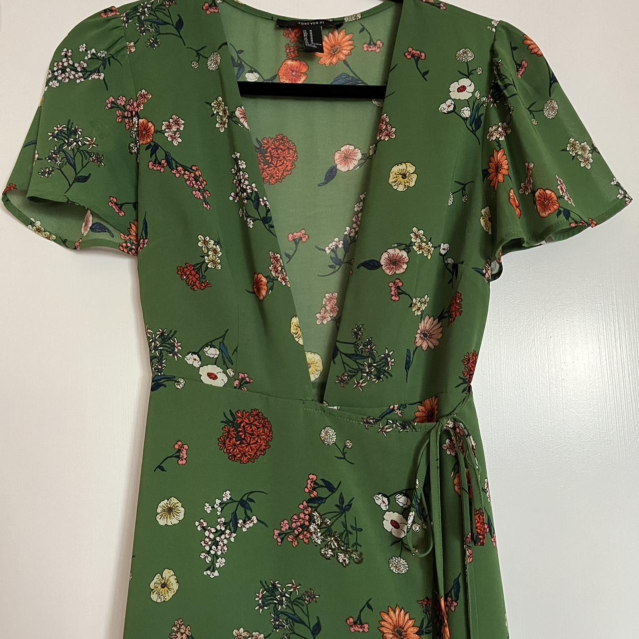 Green floral wrap midi dress with deep V neckline... - Depop