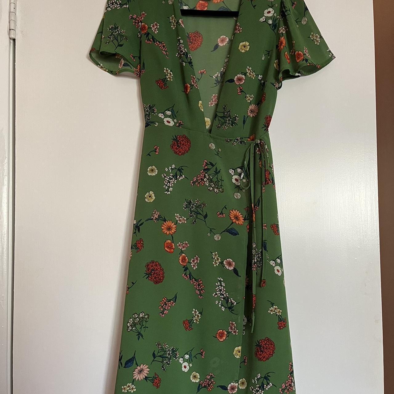 Green floral wrap midi dress with deep V neckline... - Depop