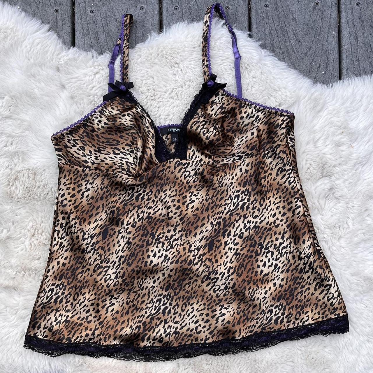 Leopard print satin cami top with purple lace trim... - Depop
