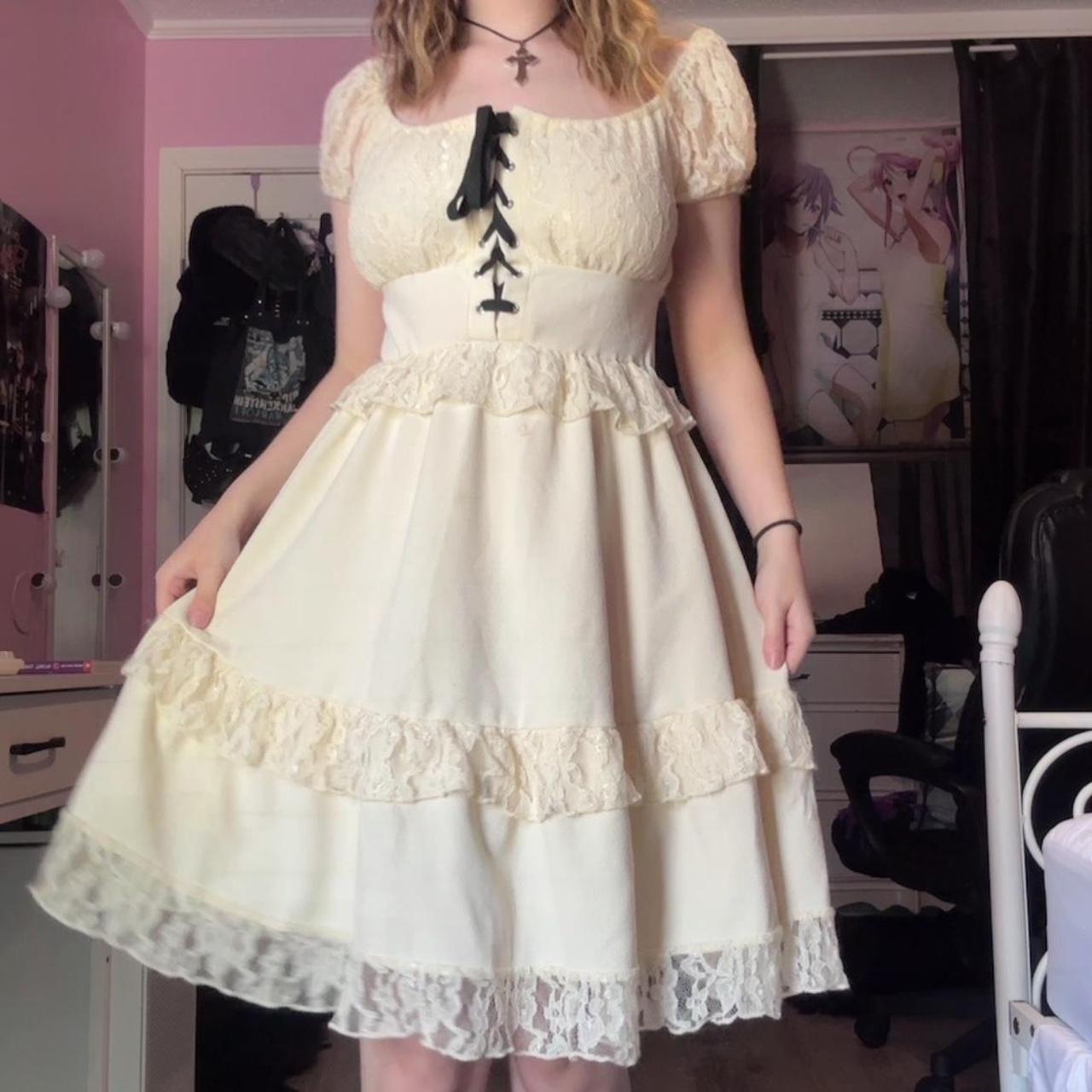 Cottage Core Coquette Dress Off white lace up... - Depop