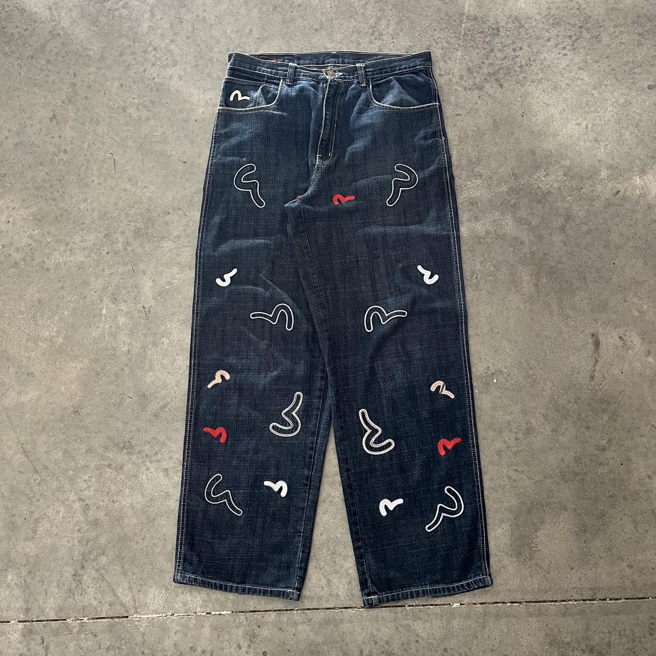evisu all over embroidered baggy jeans size 34... - Depop