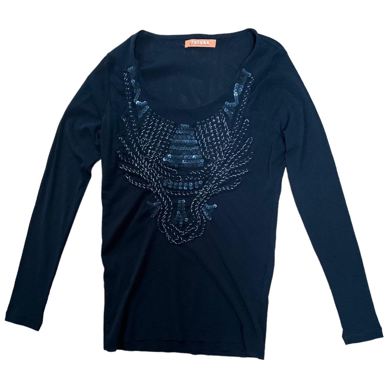 Y2K 2000s long sleeve black mesh top with beaded... - Depop