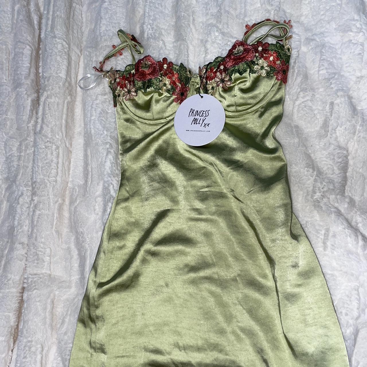 princess polly green silk satin dress floral flowers... - Depop