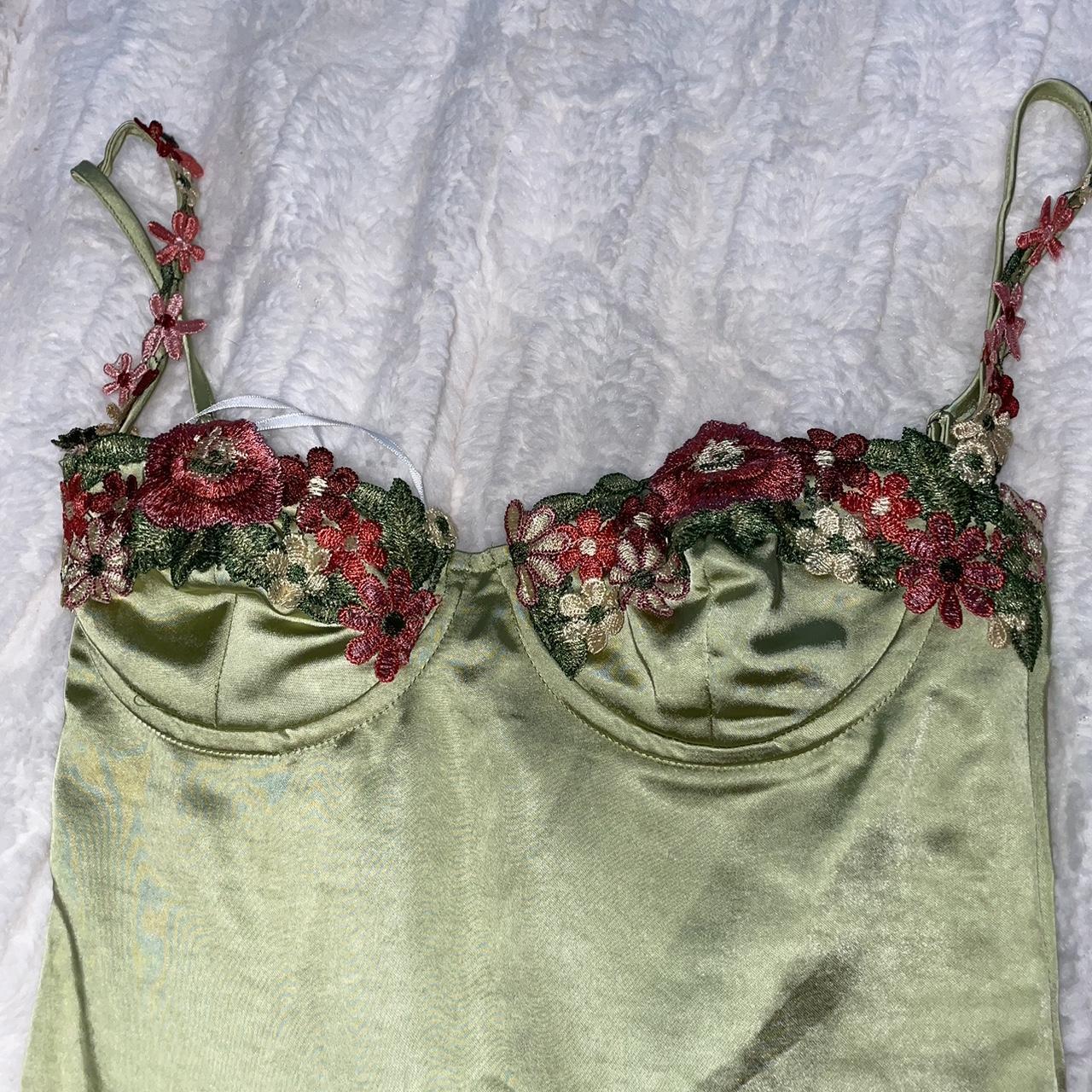 princess polly green silk satin dress floral flowers... - Depop