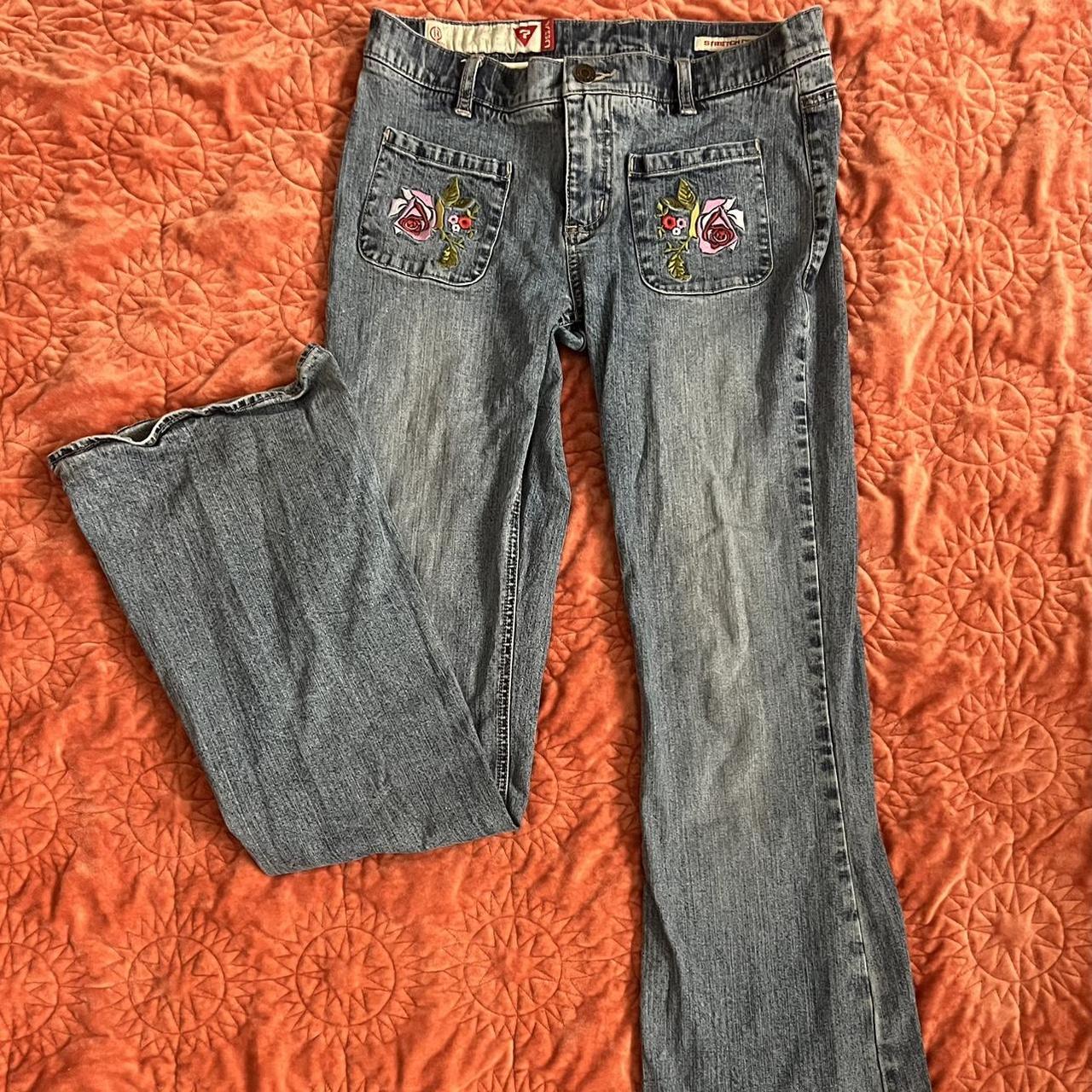 low waisted, flared, blue denim guess jeans. Size... - Depop