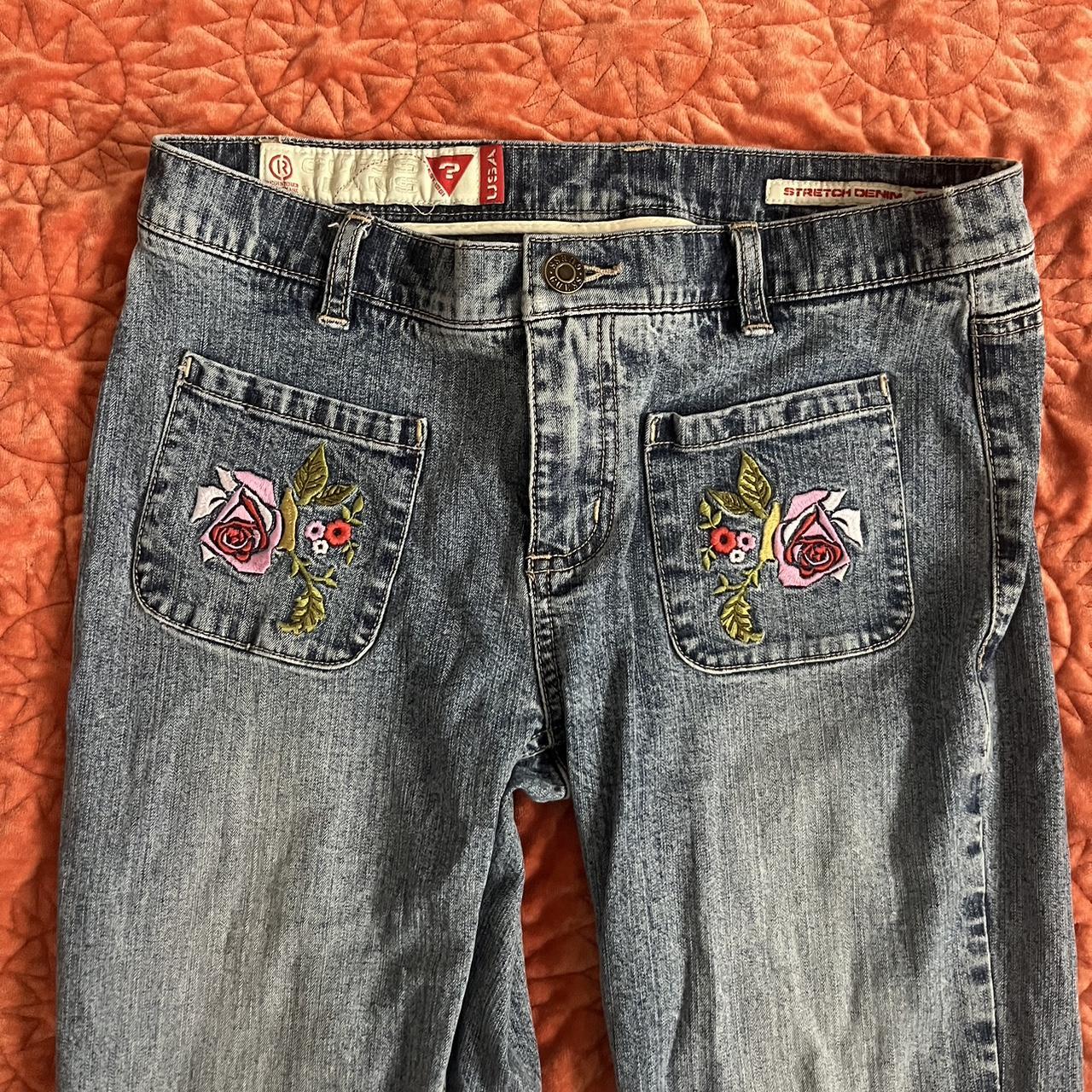 low waisted, flared, blue denim guess jeans. Size... - Depop