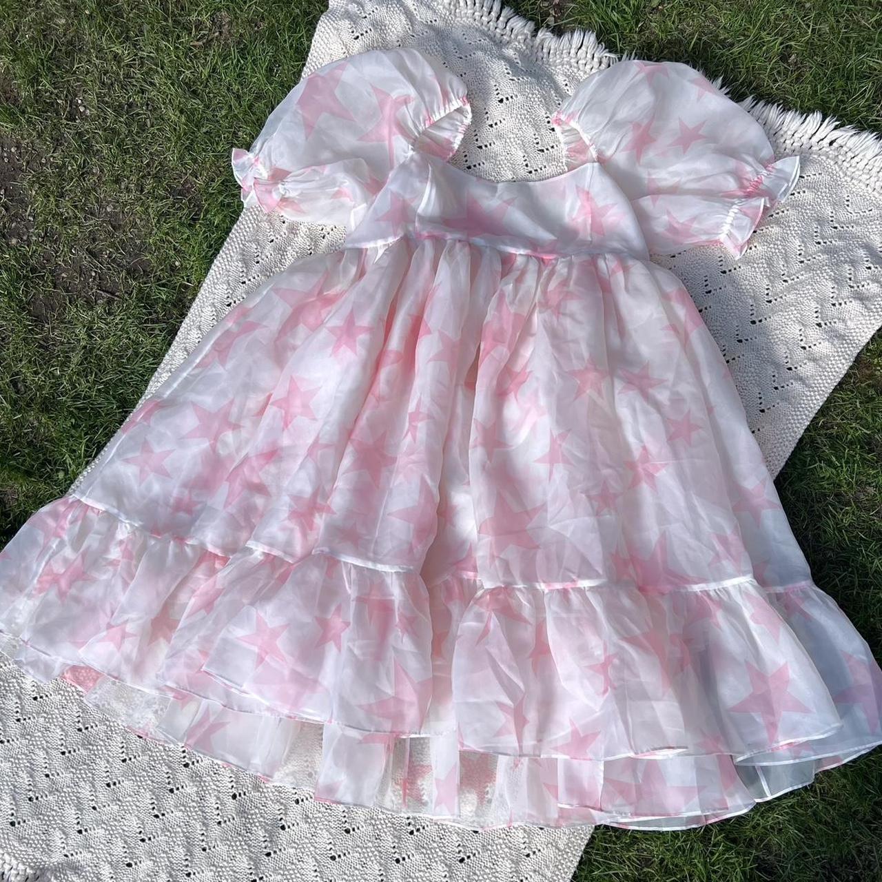 selkie french puff pink powdered star dress size... - Depop
