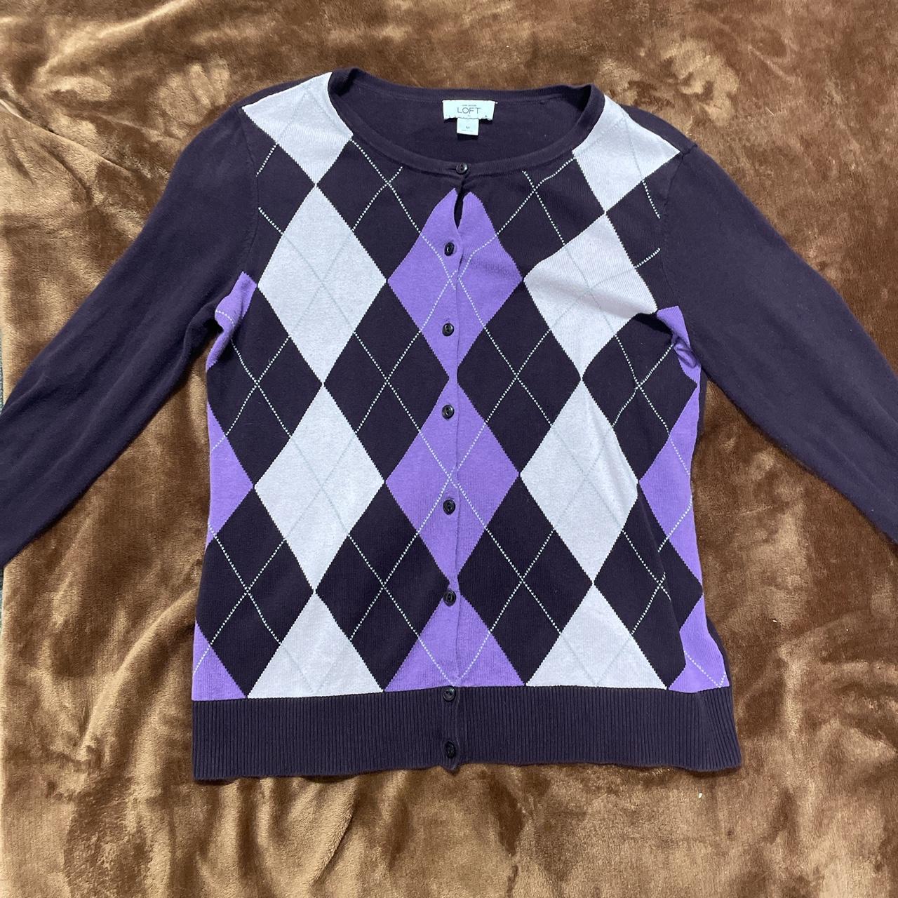 purple argyle sweater LOFT size m didn’t wear much,... - Depop