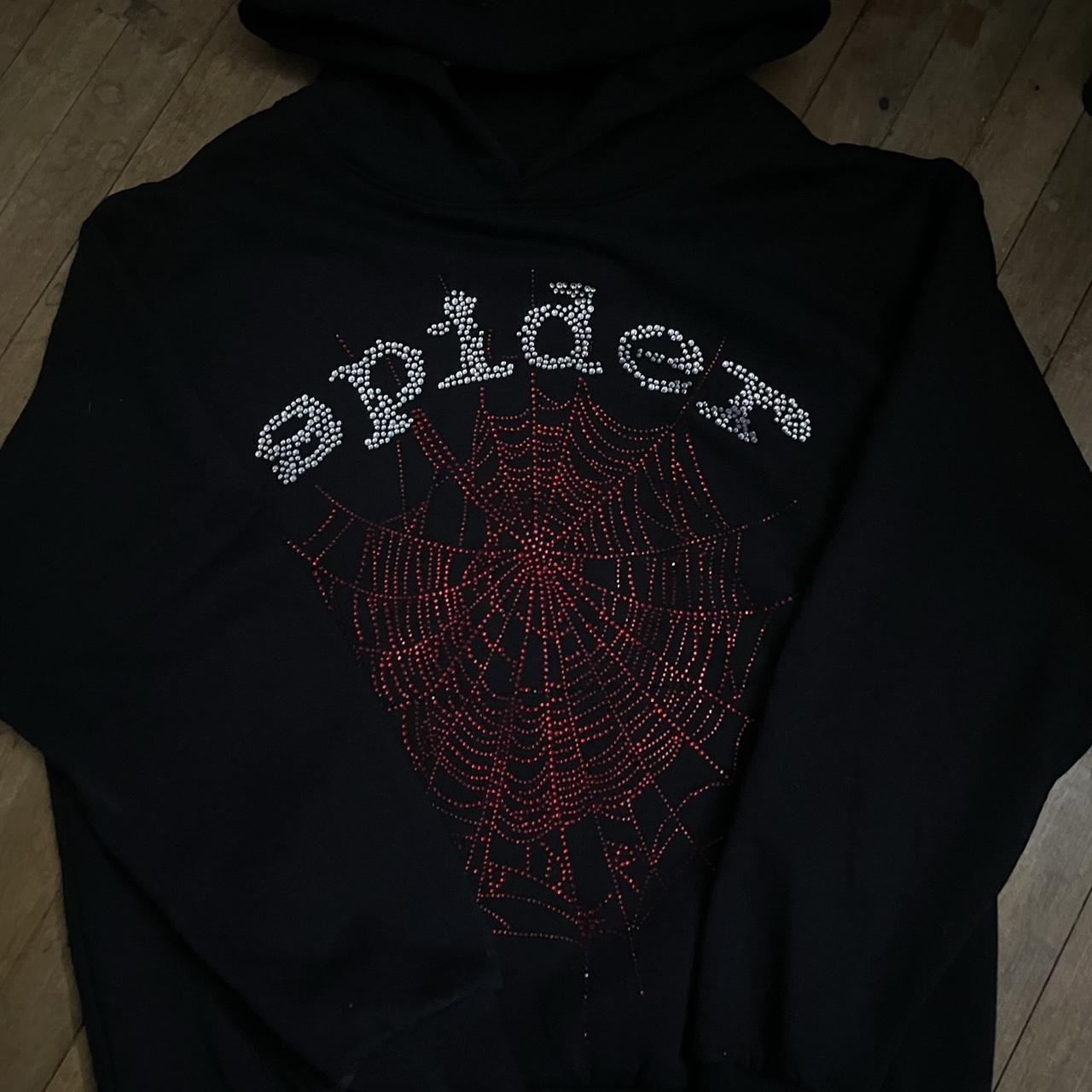 Rhinestone sp5der hoodie black and red size... - Depop