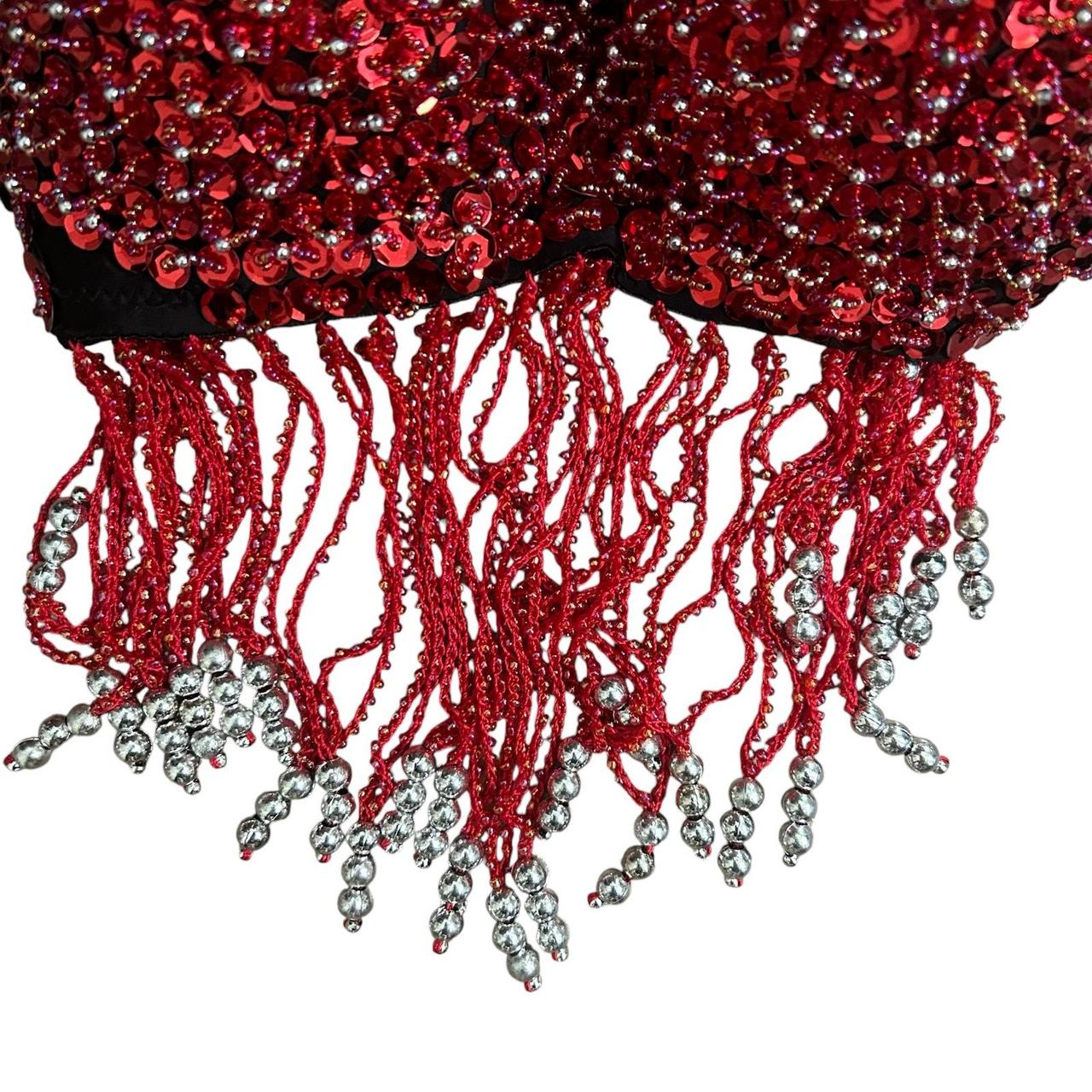 Red and Black Sequined & Beaded Fringe Bra by... - Depop