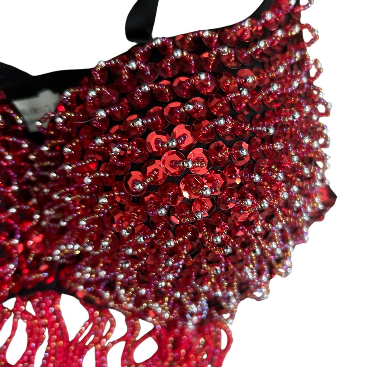 Red and Black Sequined & Beaded Fringe Bra by... - Depop