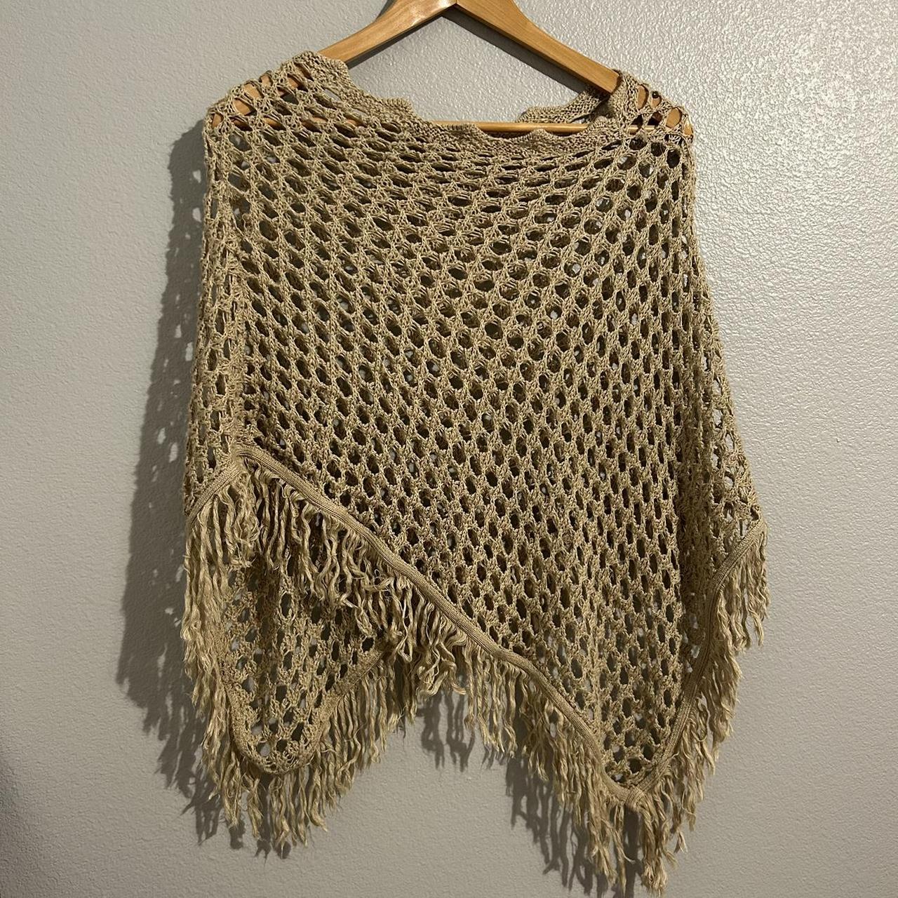 Knitted tan poncho/cover up no tag or size... - Depop