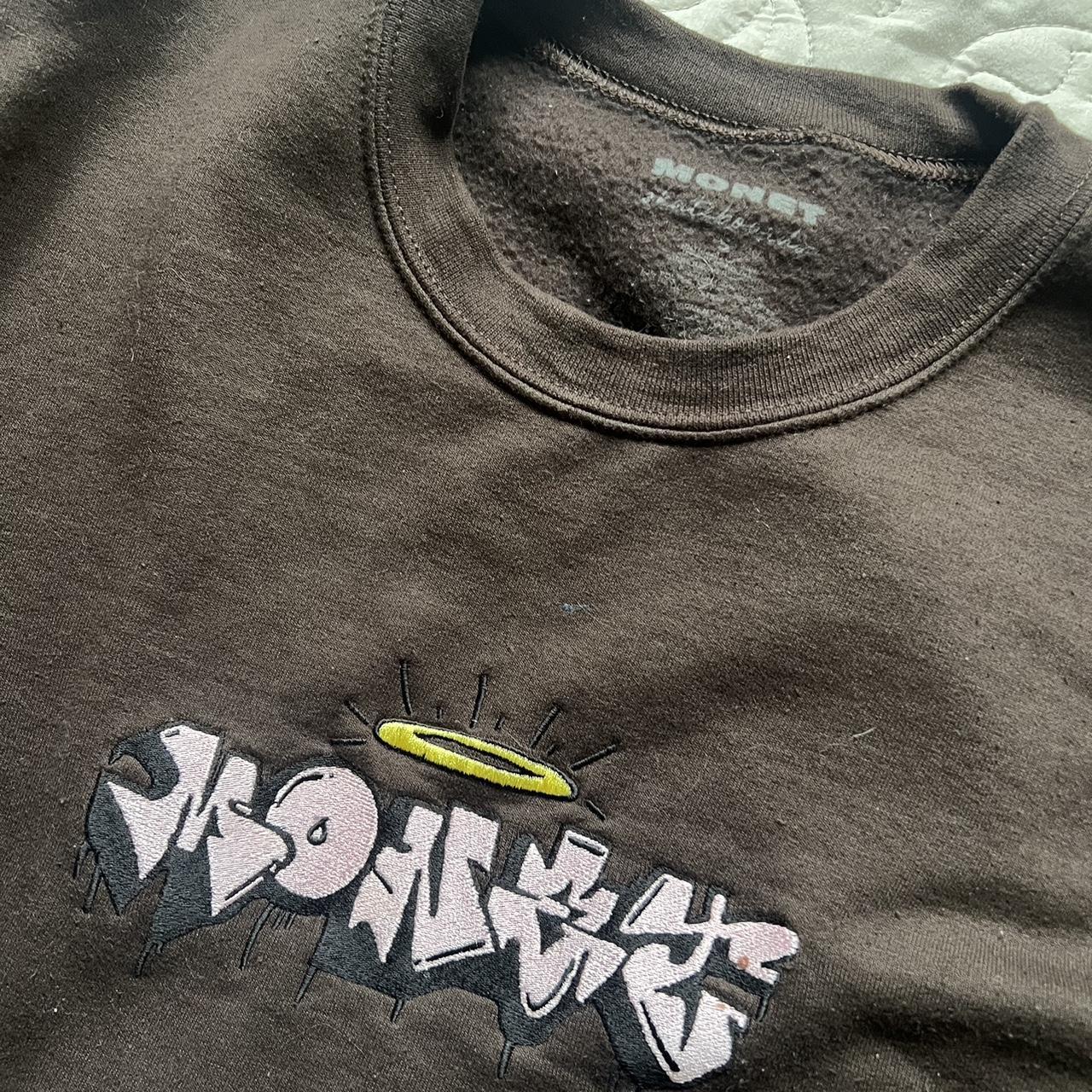 MONET Graffiti embroidered brown crewneck size... - Depop