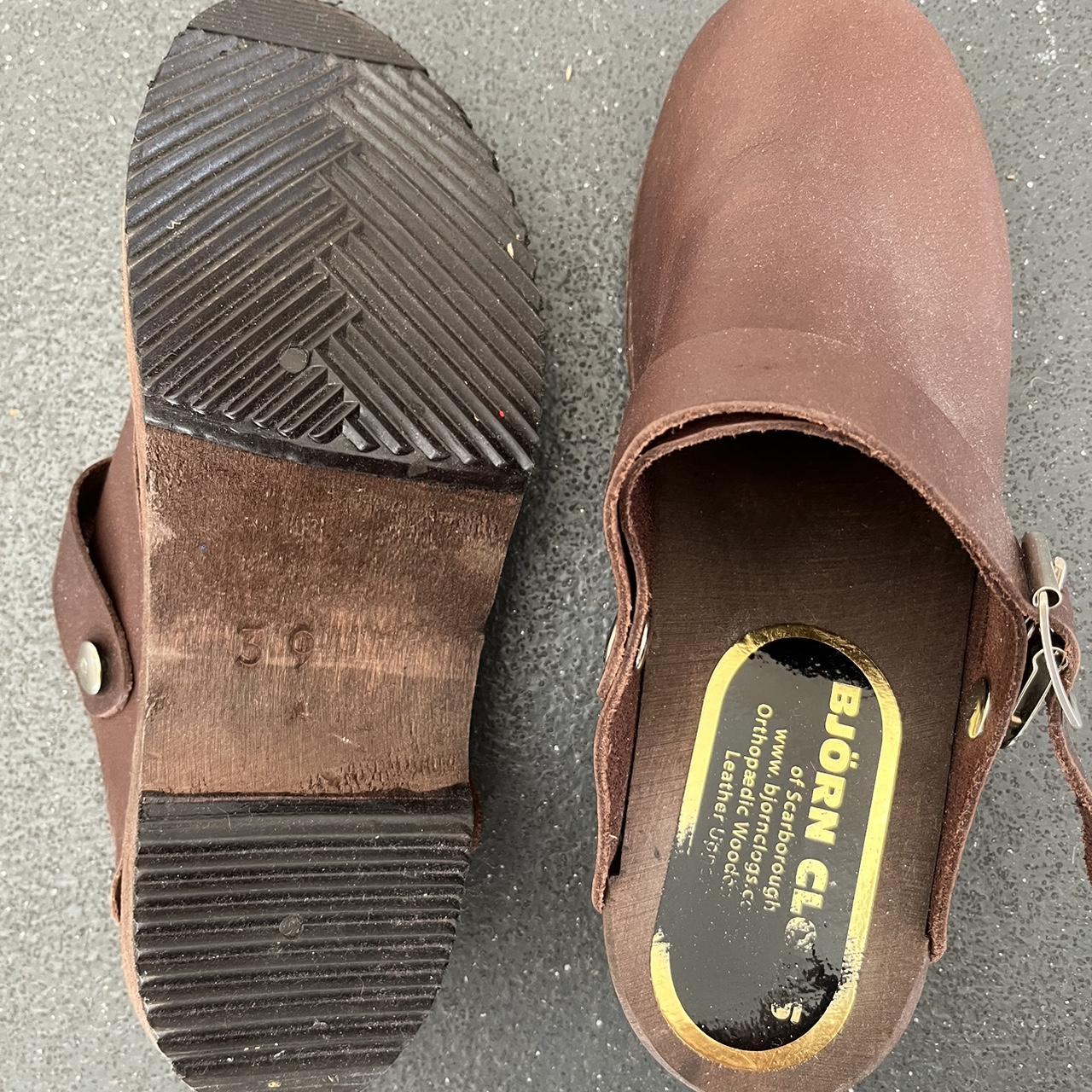Orthopaedic wooden leather brown clogs with a side... - Depop